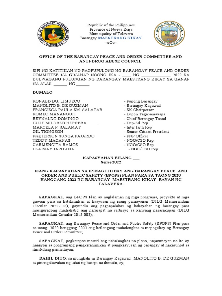 BPOC Reso Approving BPOPS 2020 2022 | PDF