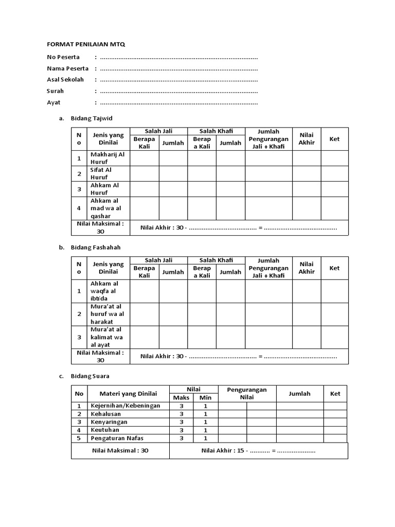 Format Penilaian MTQ | PDF