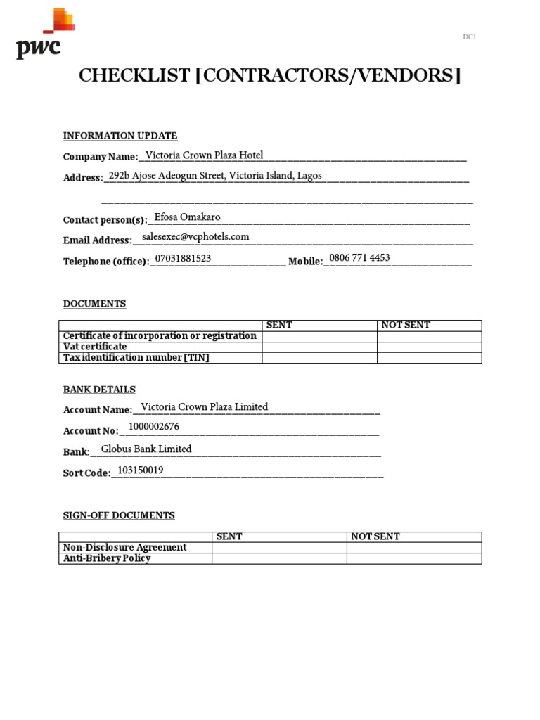 BLANK CHECKLIST - Completed | PDF