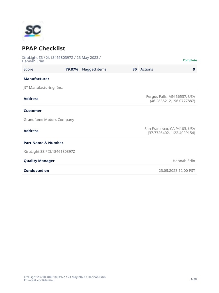 PPAP Checklist Sample Report SafetyCulture | PDF | Technology & Engineering
