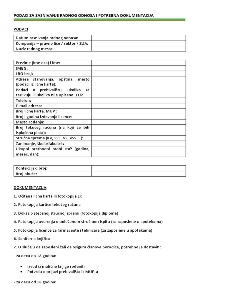 Podaci Za Zasnivanje Radnog Odnosa I Potrebna Dokumentacija-Apoteka | PDF