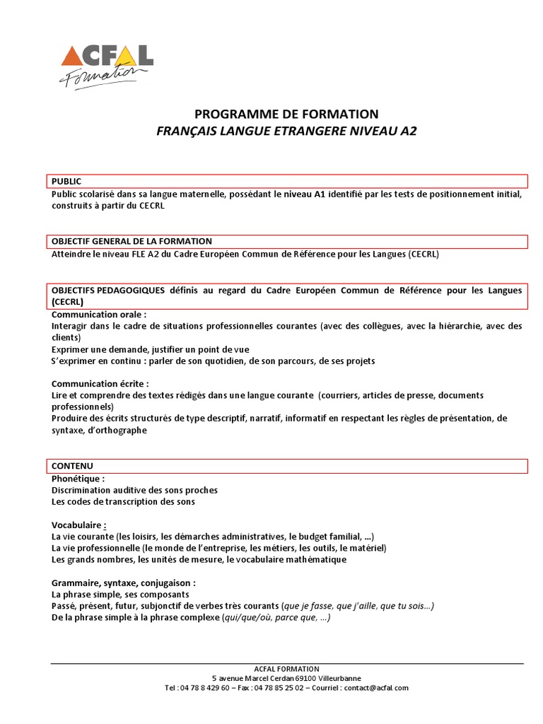 A2, Programme de Formation | PDF