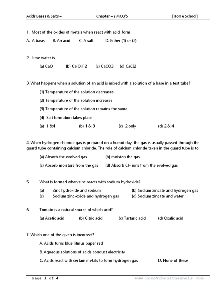 Acids Bases & Salts MCQs Guide | PDF