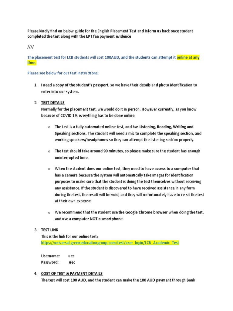 UEC Placement Test Guide | PDF | Service Industries | Payments
