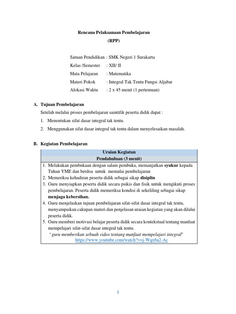 RPP Integral Tak Tentu Kelas Xii Semester 2 SMK | PDF | Karier ...