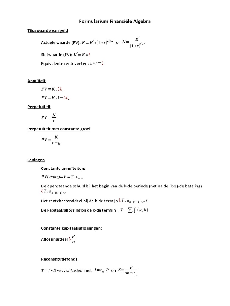 Formularium Financiële Algebra | PDF