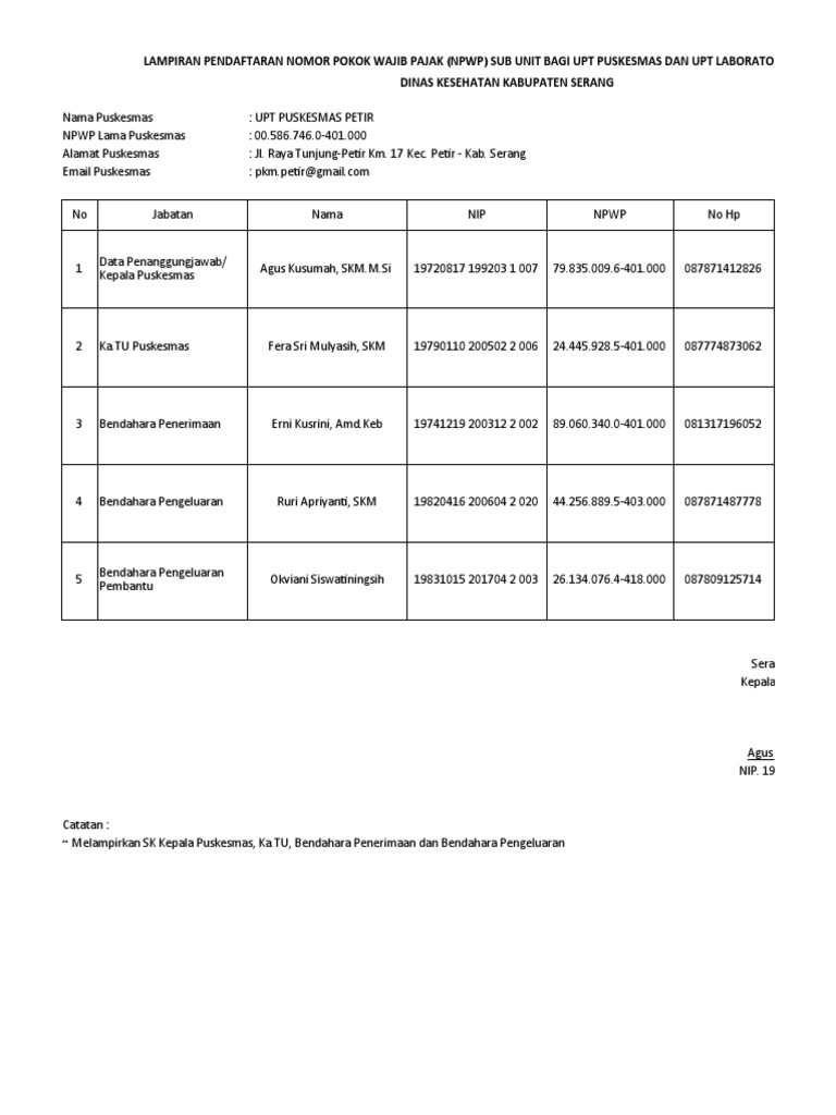 Form NPWP Sub Unit PKM PETIR | PDF