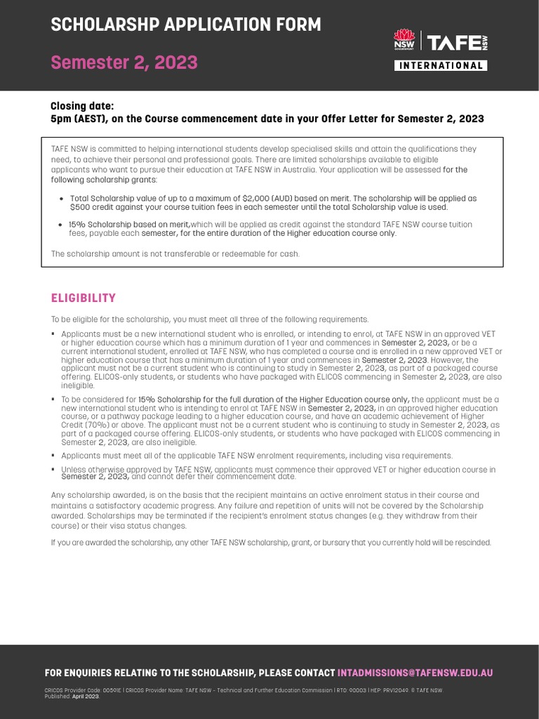 TAFE NSW International Scholarship Application Form S2 2023 | PDF ...