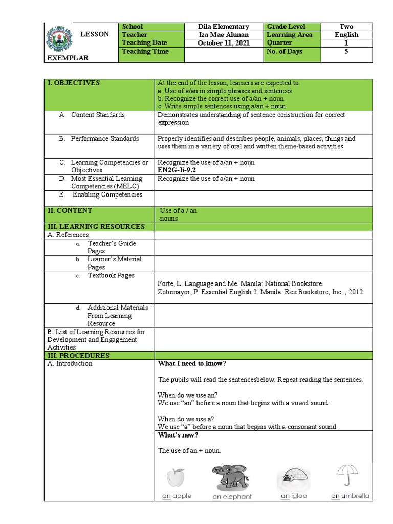 Teaching "A" vs. "An" for Grade 2 | PDF