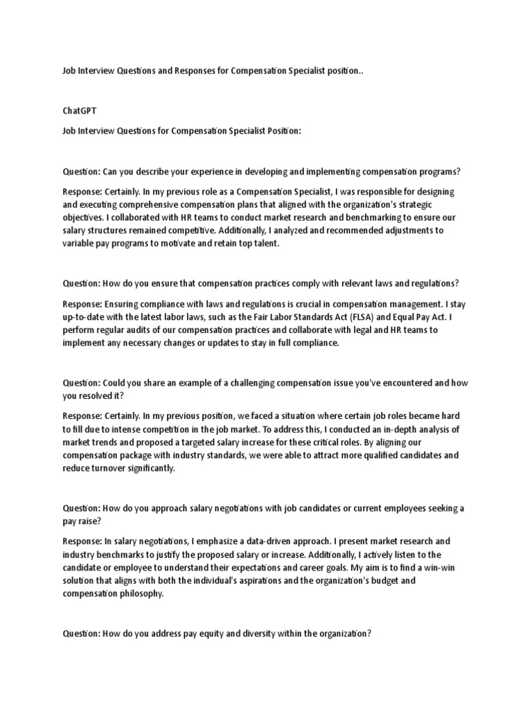 Job Interview Questions and Responses For Compensation Specialist ...