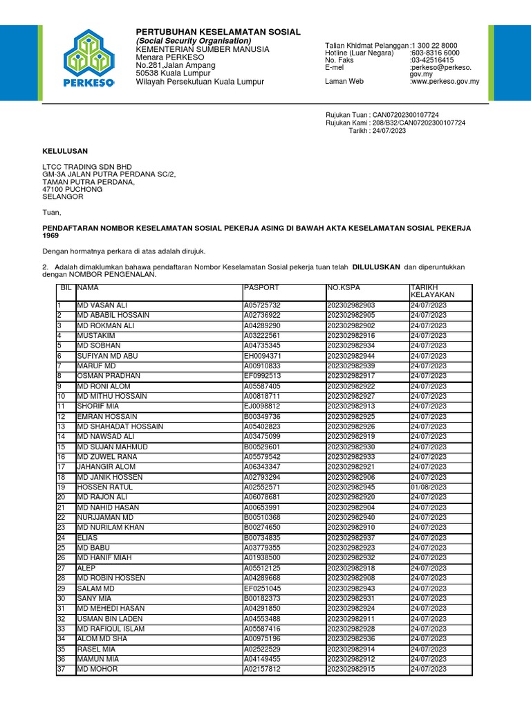 Pendaftaran Pekerja Asing PERKESO | PDF
