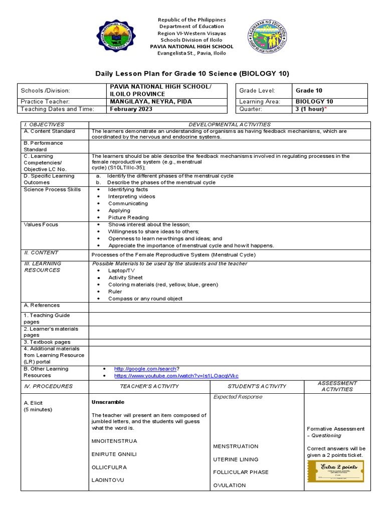 Menstrual Cycle Daily Lesson Plan For Grade 10 Science | PDF