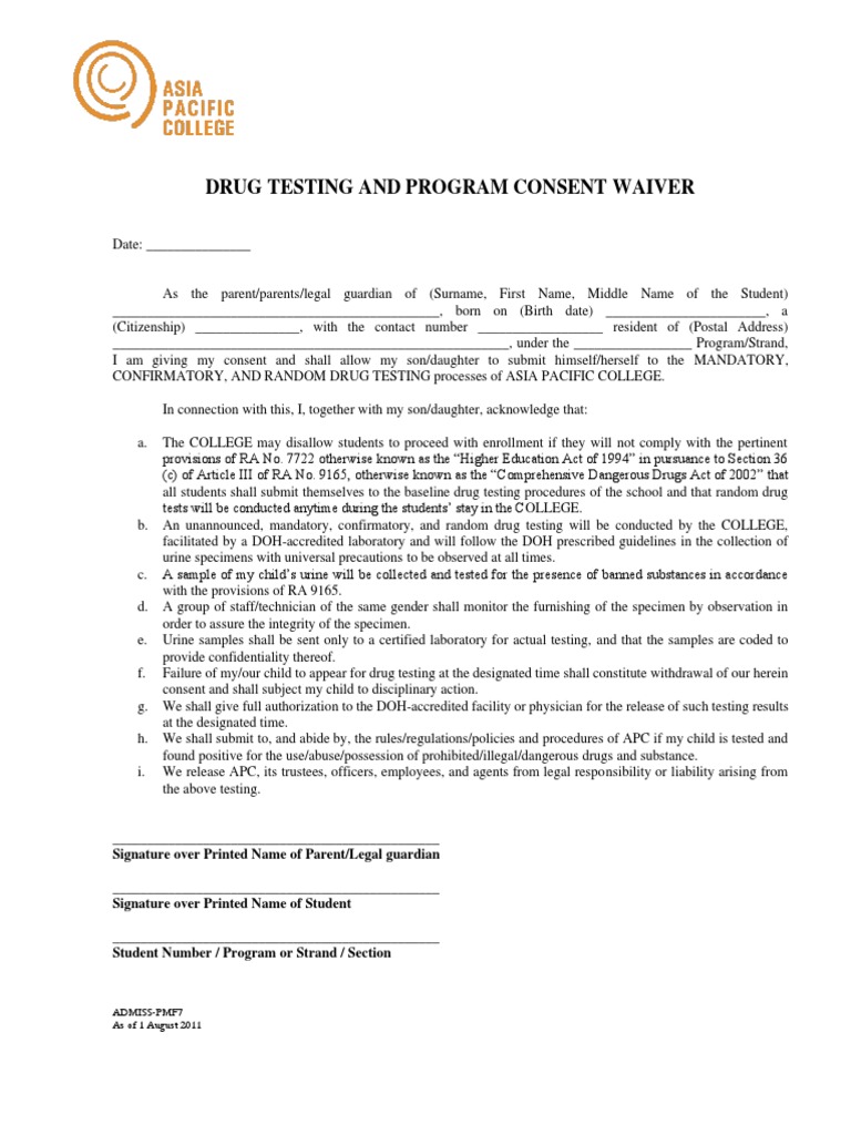 Drug Testing Consent Waiver Form | PDF | Drug Test | Justice