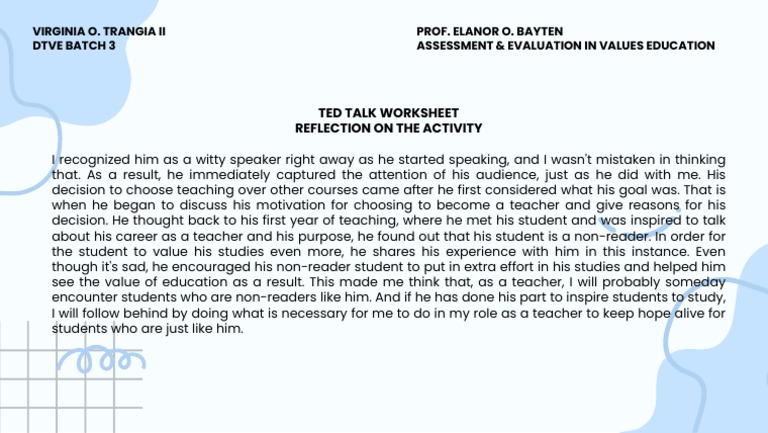 reflection on the activity ted talk worksheet | PDF