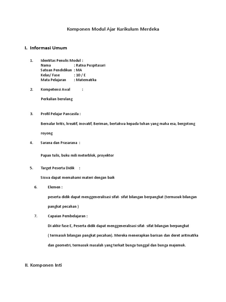 Komponen Modul Ajar Kurikulum Merdeka | PDF