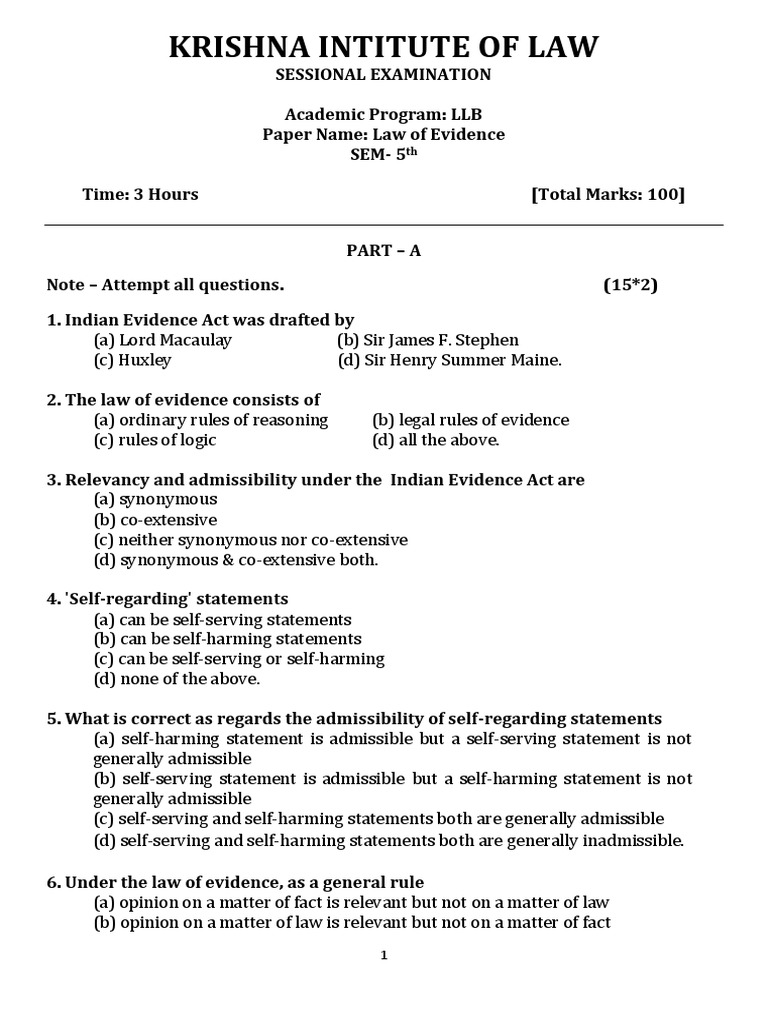 L-5th Sem Law of Evidence Sessional Test-1 | PDF