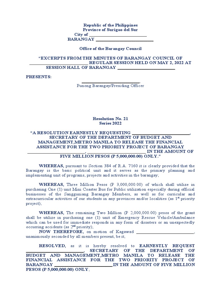 Resolution No.21 To Release Financial Assistance From DBM | PDF ...