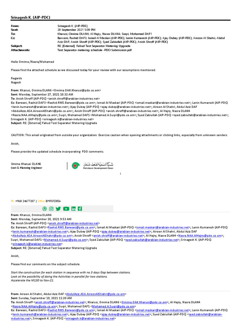 Fahud Test Separator Metering - Schedule Submission | PDF