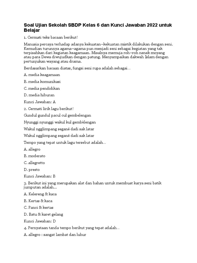 Soal Ujian Sekolah SBDP Kelas 6 Dan Kunci Jawaban 2022 Untuk Belajar | PDF | Seni & Disiplin ...