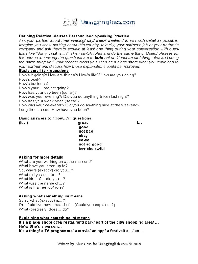Defining Relative Clauses Personalised Speaking Practice Pdf