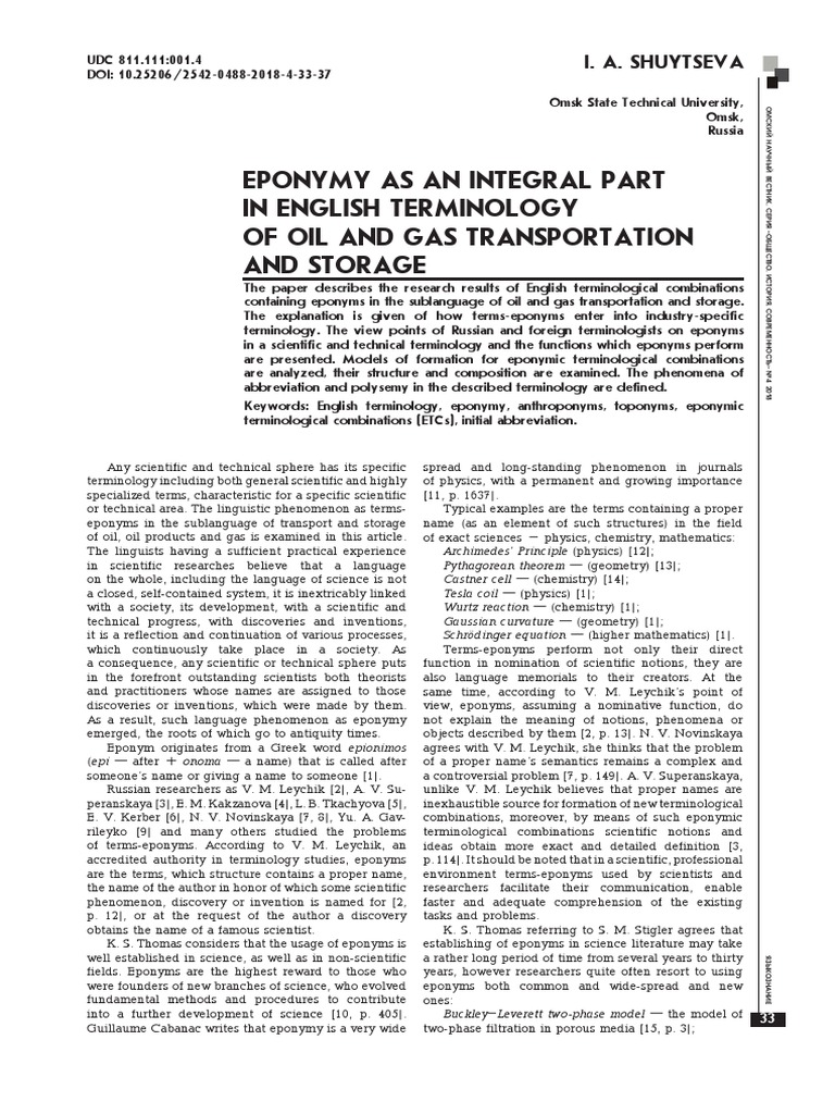 Eponymy As An Integral Part in English Terminology of Oil and Gas Transportation and Storage ...