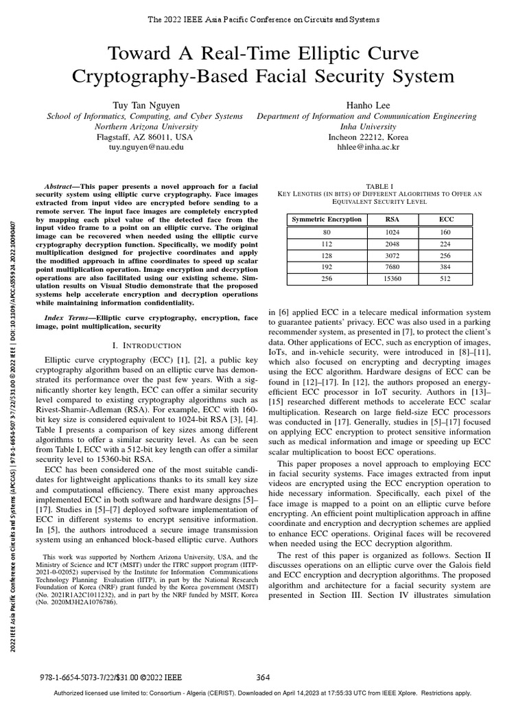 Toward A Real Time Elliptic Curve Cryptography Based Facial Security System Pdf