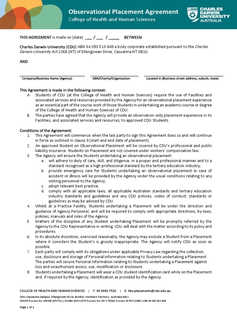 Observational Placement Agreement CDU | PDF | Justice | Crime & Violence