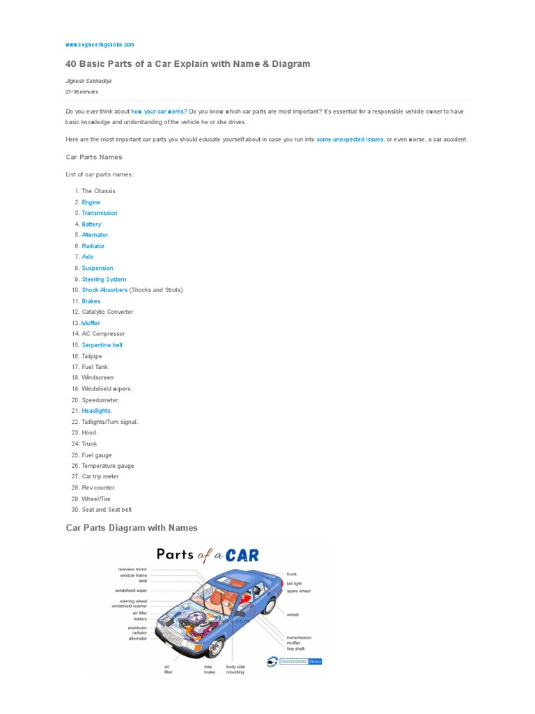 40 Basic Parts of A Car Explain With Name & Diagram | PDF