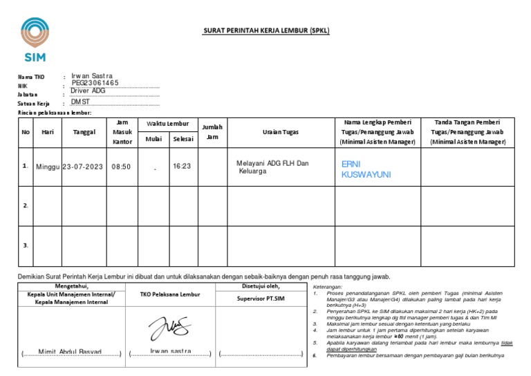 Surat Perintah Kerja Lembur (SPKL) | PDF