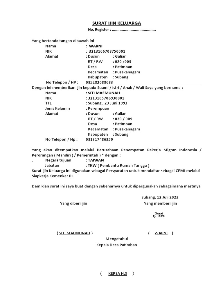 Surat Ijin Keluarga Kerja Ke Luar Negeri Update | PDF
