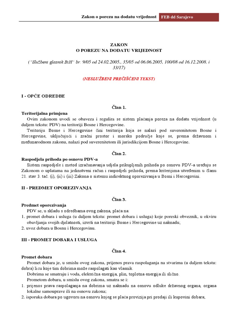 Zakon-o-porezu-na-dodanu-vrijednost | PDF