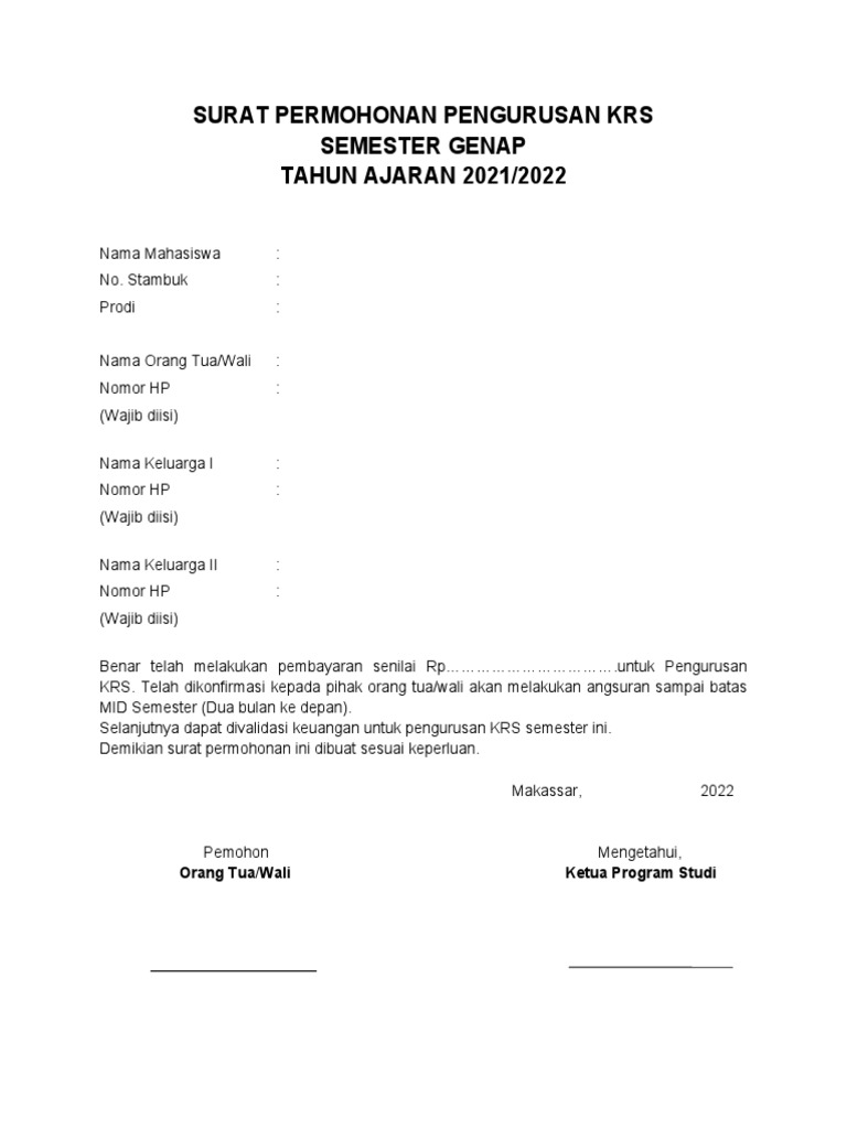Surat Permohonan Pengurusan KRS Genap 2021 | PDF