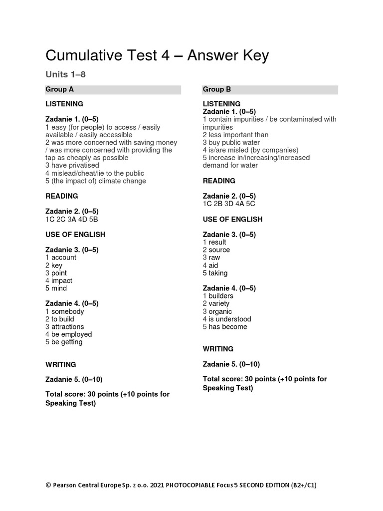Focus5 2E Cumulative Test 4 Units1-8 ANSWERS | PDF
