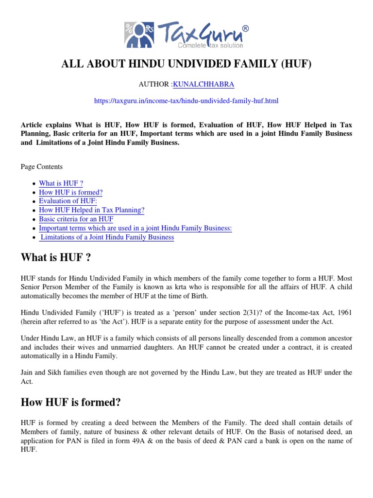 All About Hindu Undivided Family (HUF) | PDF | Government Finances ...