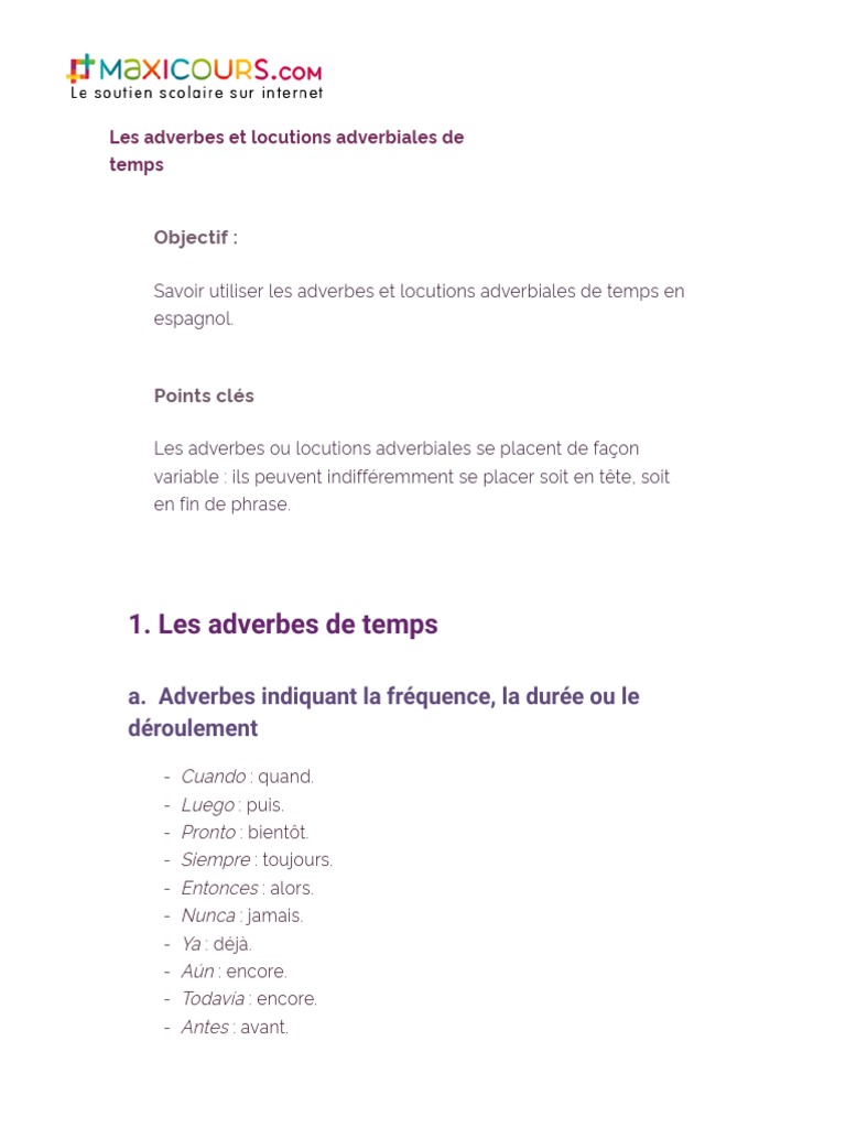 Cours - Les Adverbes Et Locutions Adverbiales de Temps | PDF | Adverbe ...