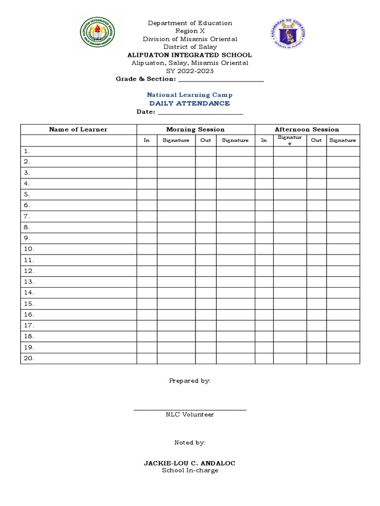 Daily Attendance Sheet for NLC 2022-2023 | PDF