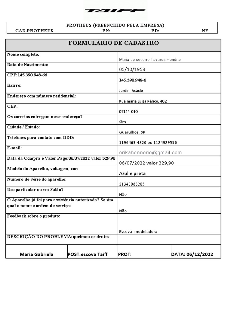 Formulário de Cadastro | PDF