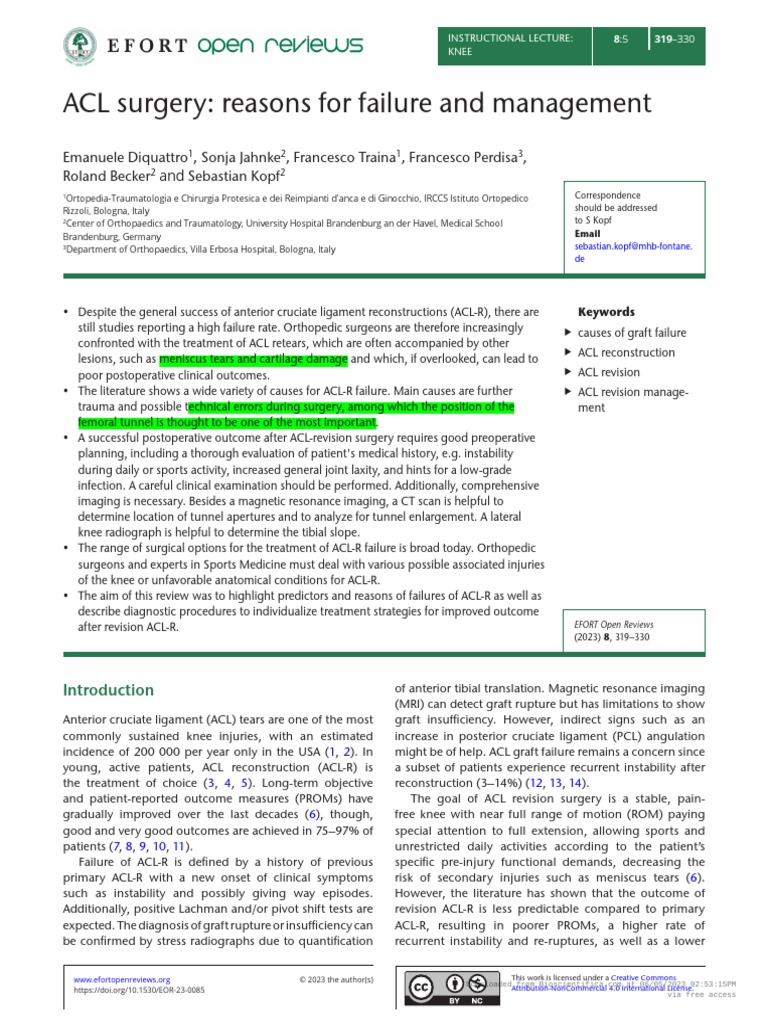 ACL Surgery Reasons For Failure and Management | PDF