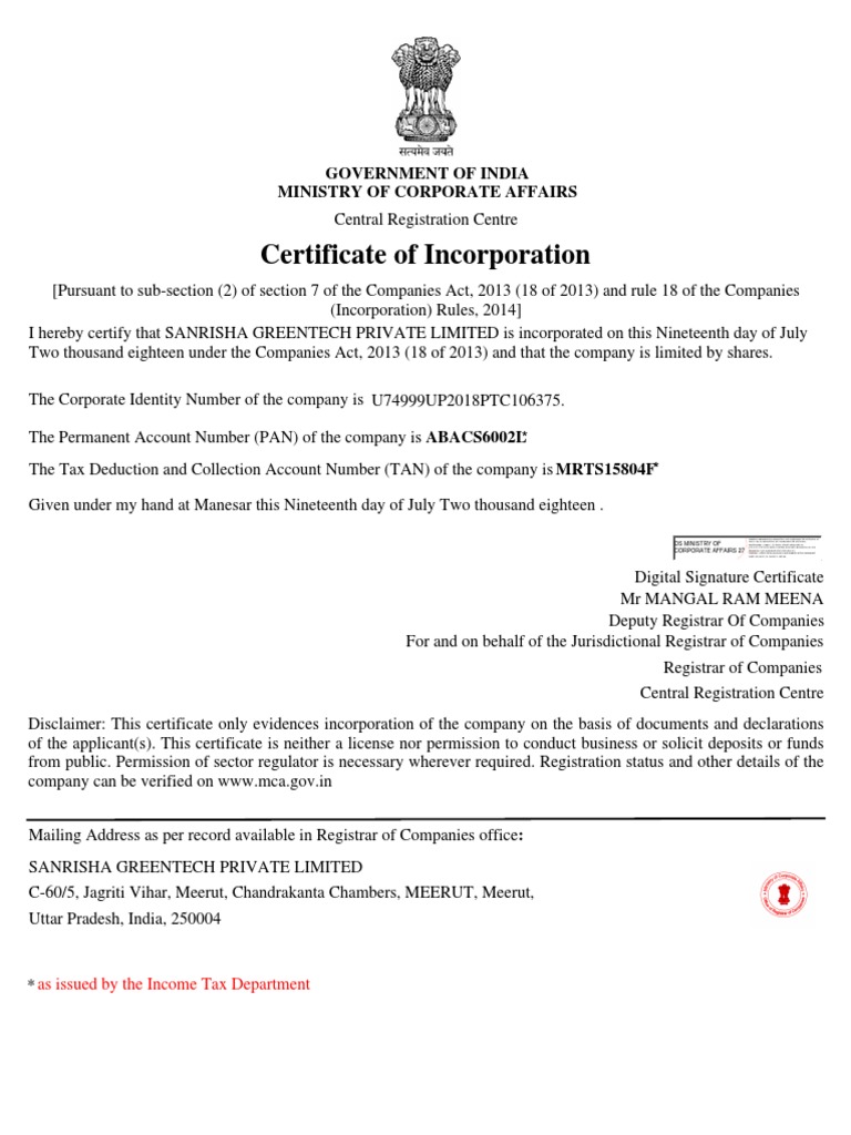 Incorporation Certificate | PDF