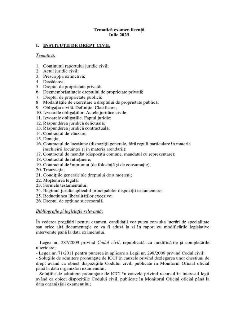 Tematica Licenta UEB IULIE 2023 - 1 - 1 - Institutii - Drept - Civil | PDF