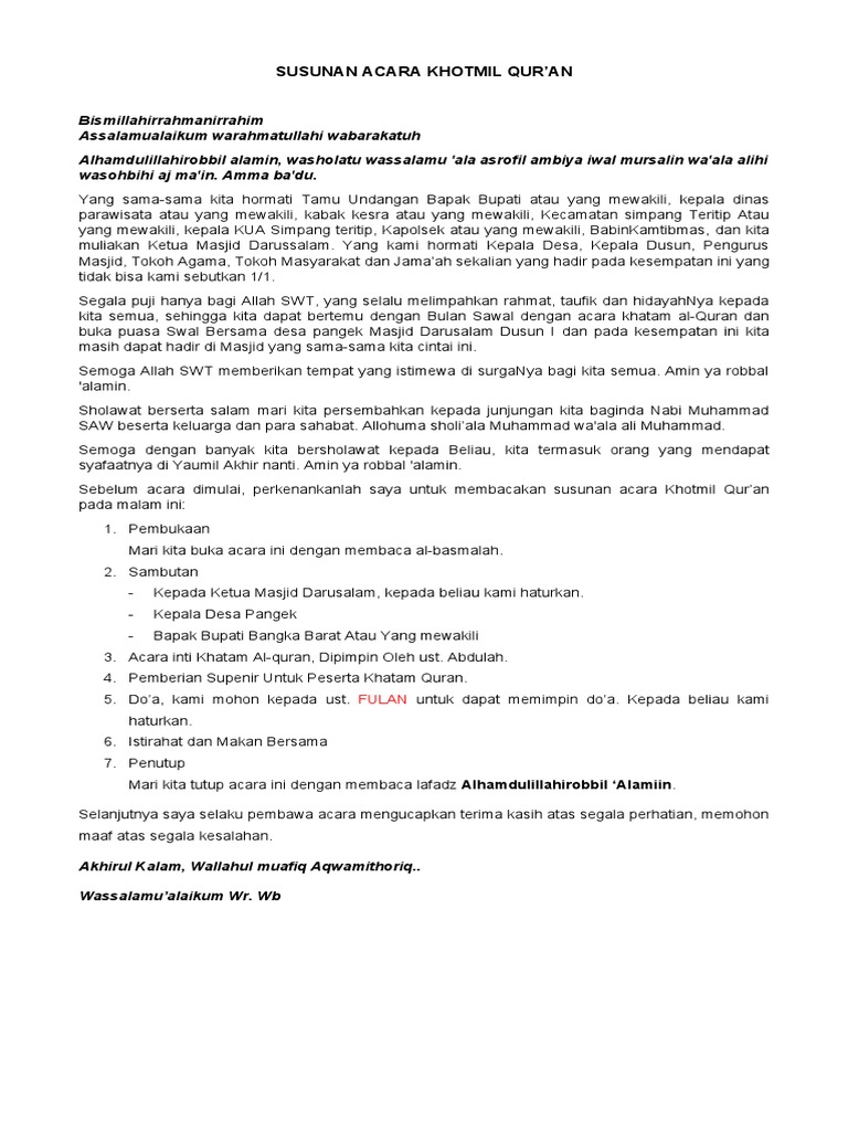 Contoh Teks Pembawa Acara (MC) Acara Khotmil Quran | PDF