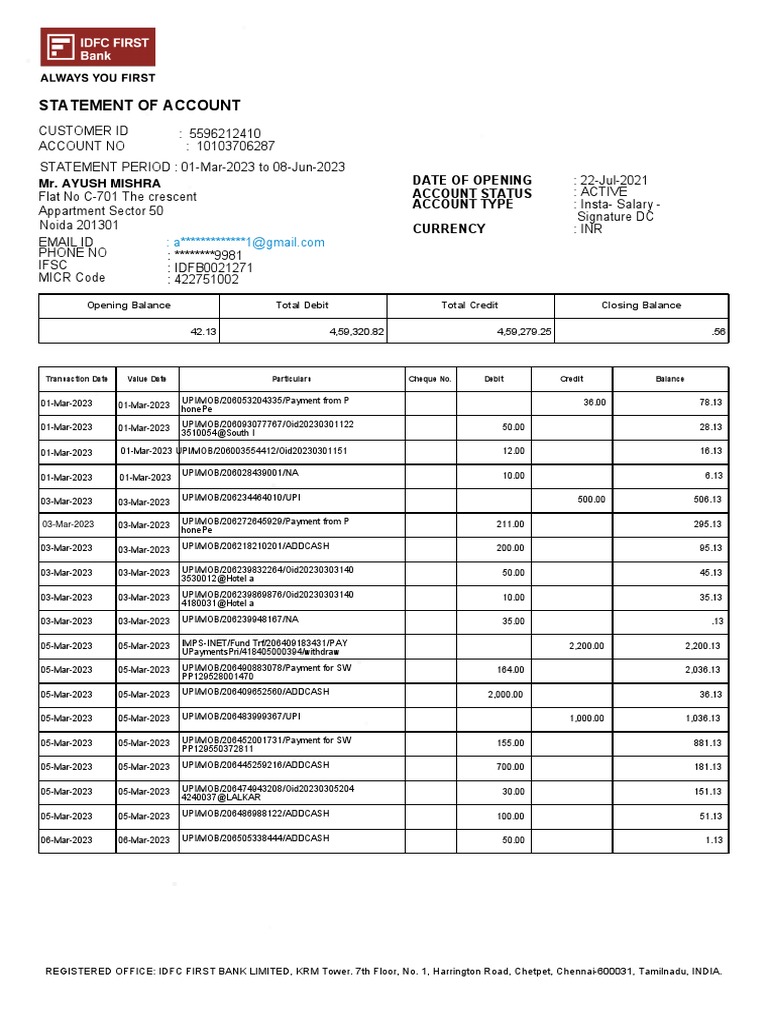 Idfc Bank Statement | PDF