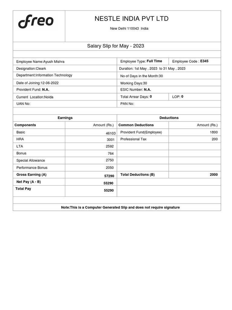 May 2023 Salary Slip - Nestle India | PDF