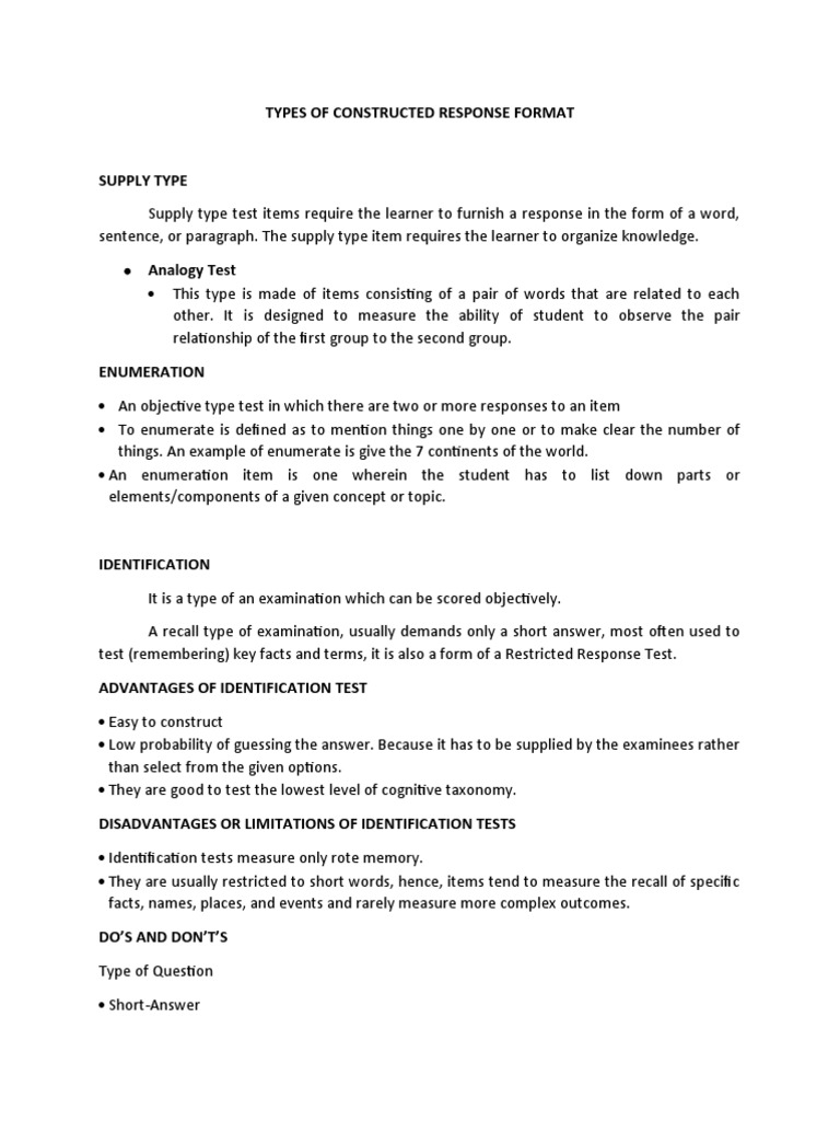 Types of Constructed Response Format Test | PDF