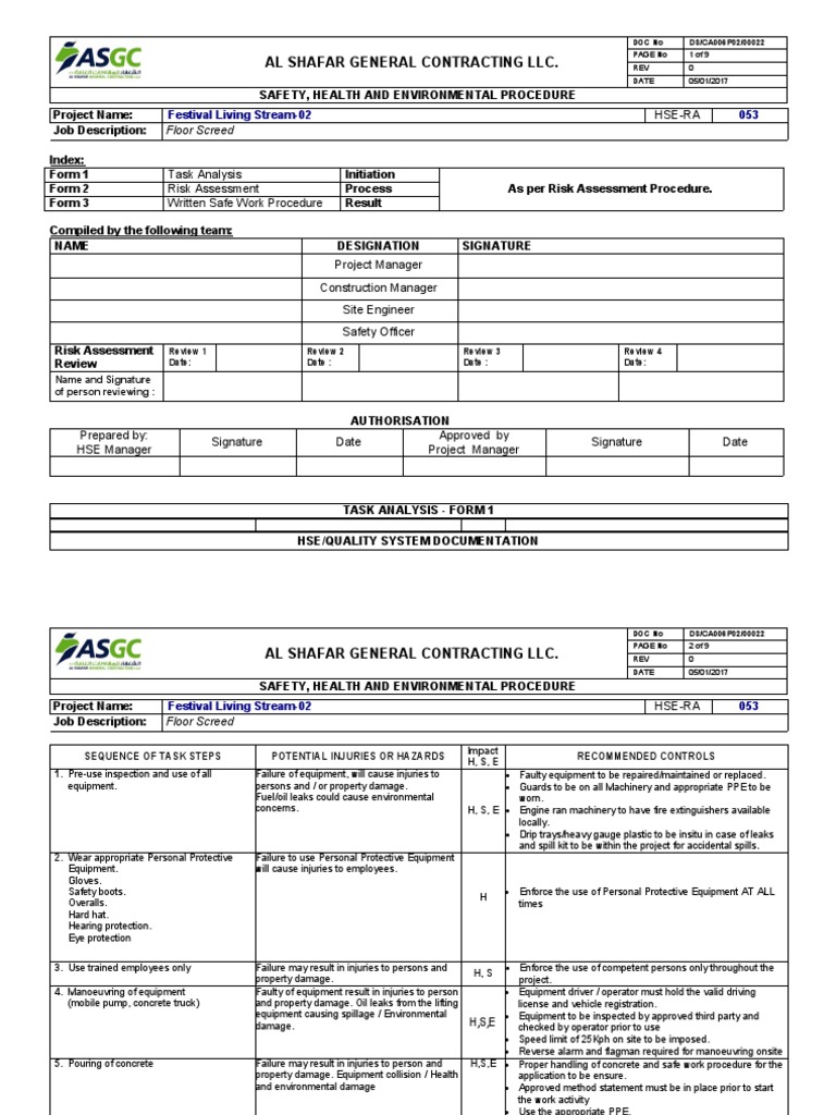 HSE-RA-053 Floor Screed - Rev 0 | PDF | Personal Protective Equipment | Risk