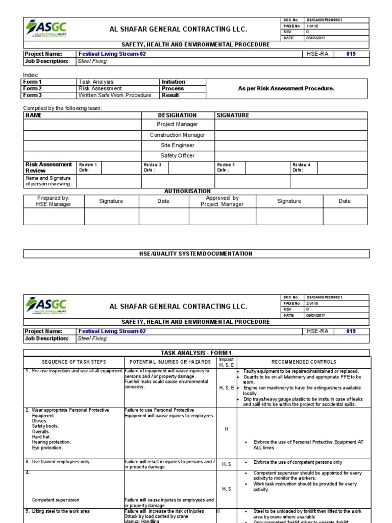 HSE-RA-019 Steel Fixing - Rev 0 | PDF