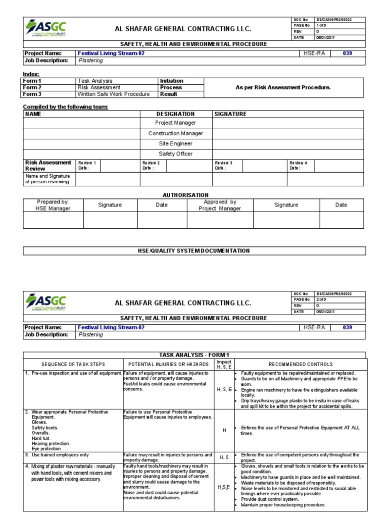 HSE-RA-039 Plastering Activities - Rev 0 | PDF