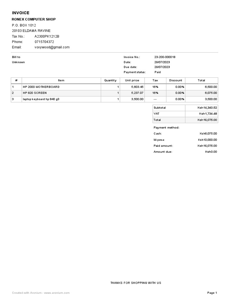 Invoice: P.O. BOX 1012 20103 Eldama Ravine Tax No.: A2300PK1212B Phone: 0715704372 Email | PDF
