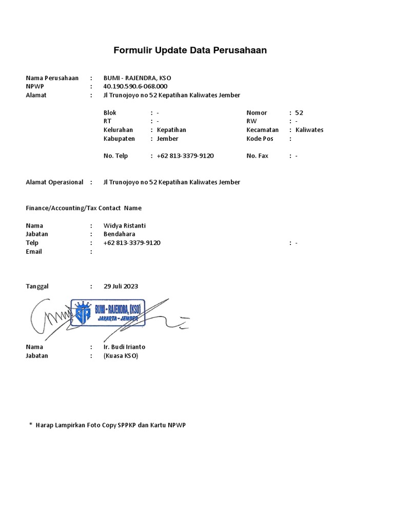Form Update Data Perusahaan Bumi-Rajendra, Kso | PDF | Bisnis