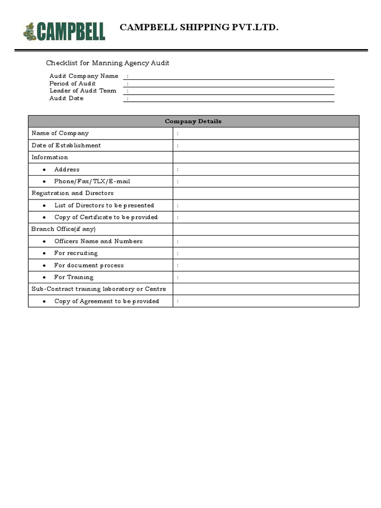 Check List For Manning Agency Audit | PDF | Audit | Sailor